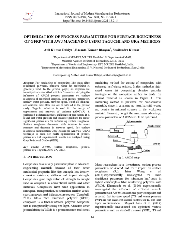 (PDF) Optimization of Process Parameters for Surface Roughness of GFRP with Awj Machining Using ...