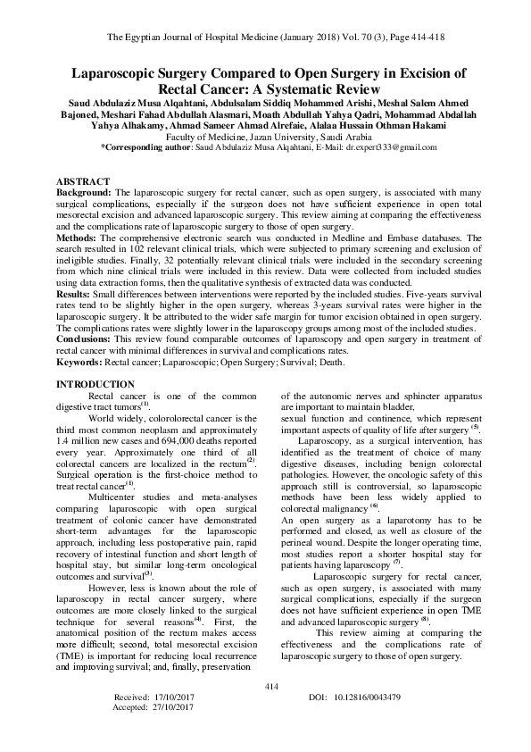 (PDF) Laparoscopic Surgery Compared to Open Surgery in Excision of Rectal Cancer : A Systematic ...