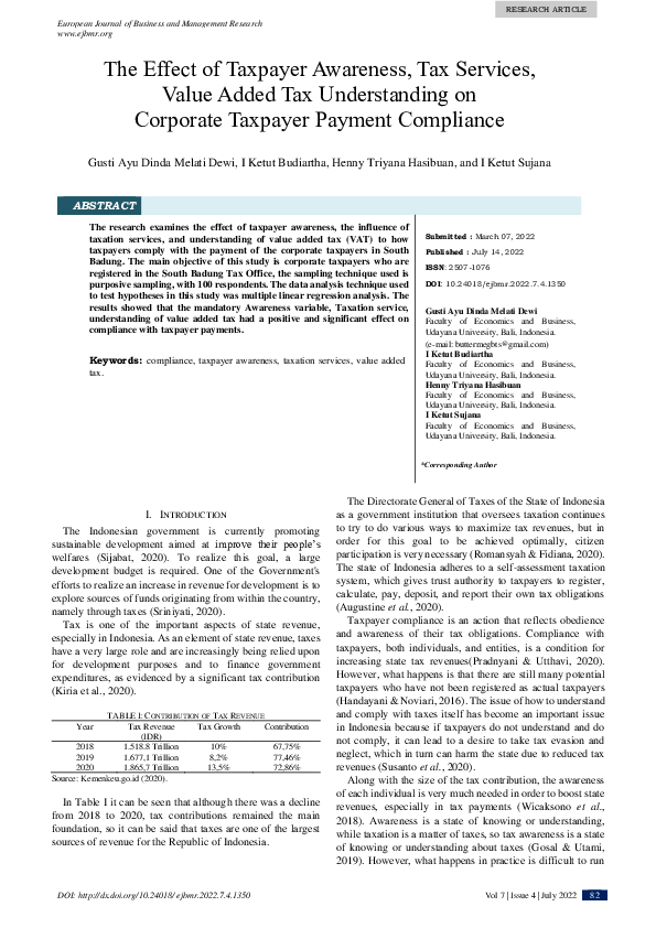 (PDF) The Effect of Taxpayer Awareness, Tax Services, Value Added Tax ...