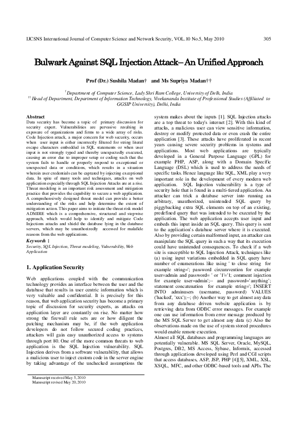 Pdf Bulwark Against Sql Injection Attack An Unified Approach
