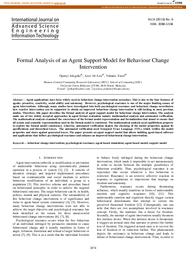 (PDF) Formal Analysis of an Agent Support Model for Behaviour Change Intervention