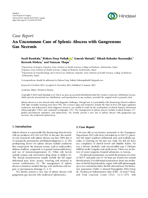 (PDF) An Uncommon Case of Splenic Abscess with Gangrenous Gas Necrosis