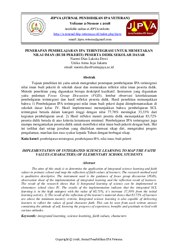(PDF) Penerapan IPA Terintegrasi untuk Memetakan Nilai Iman (Budi Pekerti) Peserta Didik Sekolah ...