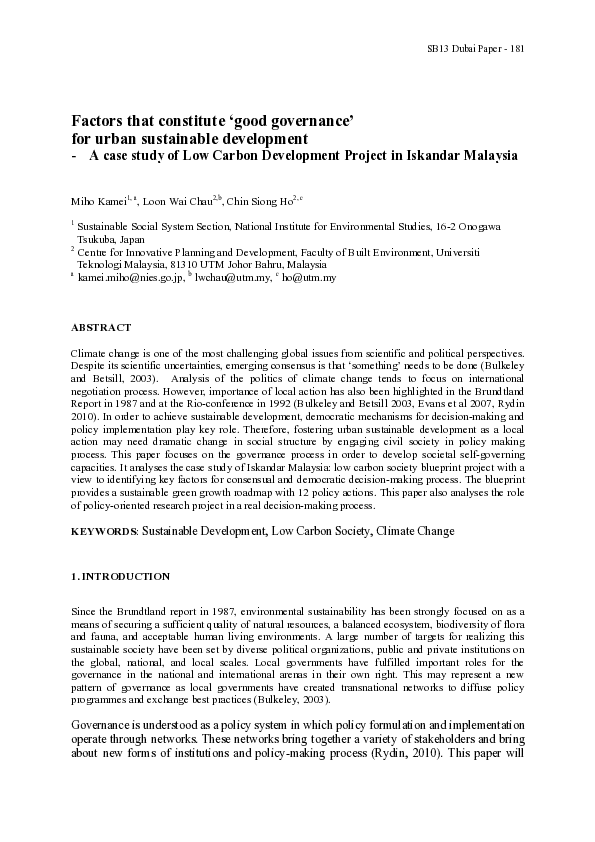 (PDF) Factors that constitute 'good governance' for urban sustainable ...