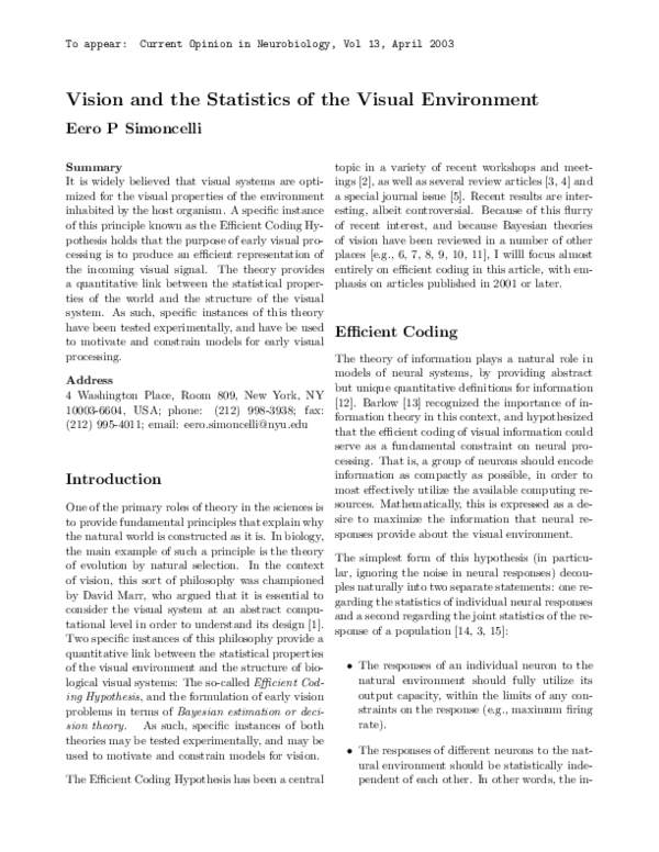 (PDF) Vision and the statistics of the visual environment