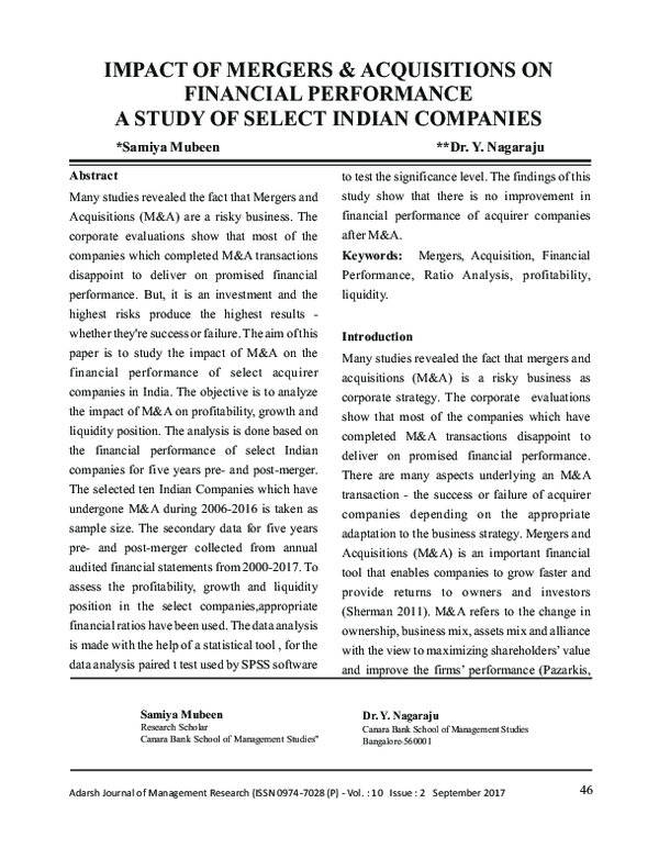 (PDF) Impact of Mergers and Acquisitions on Financial Performance a ...