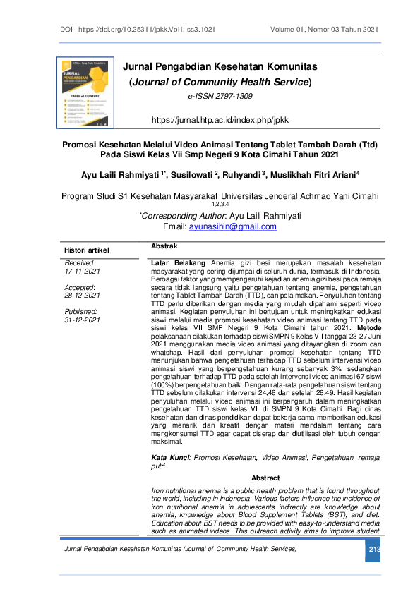 (PDF) Penyuluhan Promosi Kesehatan Melalui Video Animasi Tentang Tablet Tambah Darah (TTD) Pada ...