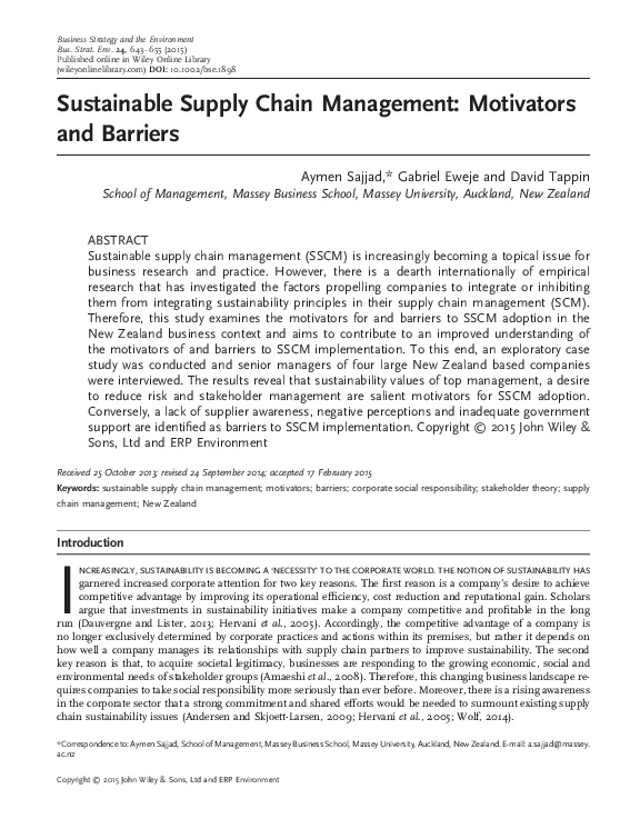 (PDF) Sustainable Supply Chain Management: Motivators and Barriers