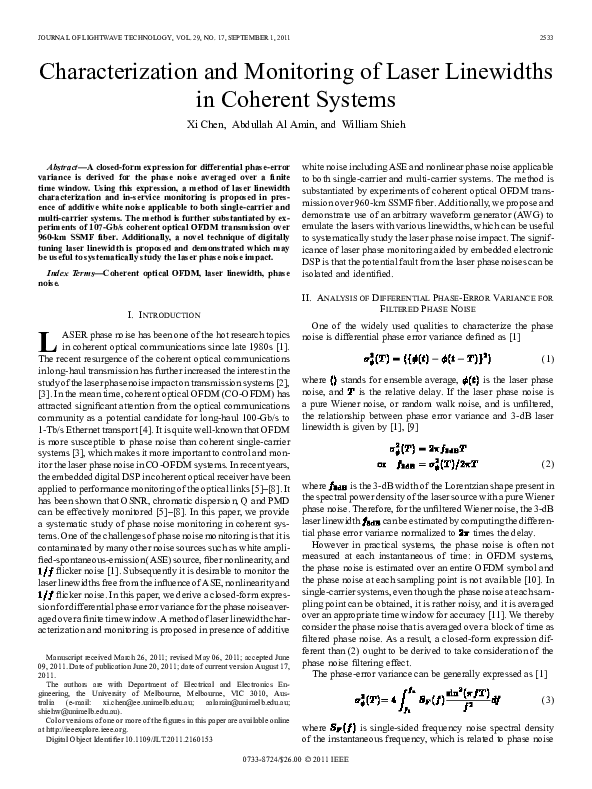 (PDF) Characterization and Monitoring of Laser Linewidths in Coherent Systems