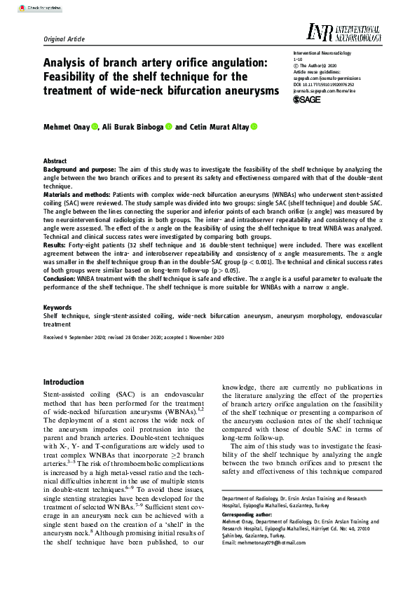 (PDF) Analysis of branch artery orifice angulation: Feasibility of the ...