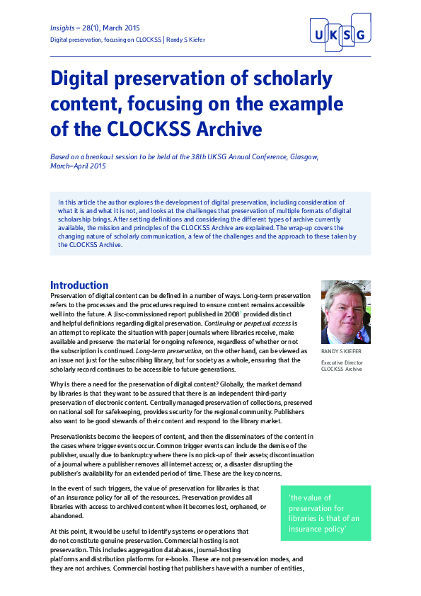 (PDF) Digital preservation of scholarly content, focusing on the ...
