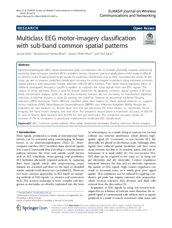 (PDF) Multiclass EEG motor-imagery classification with sub-band common spatial patterns ...
