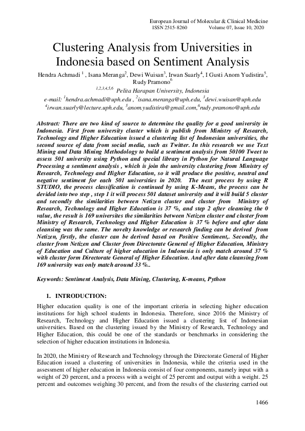 (PDF) Clustering Analysis from Universities in Indonesia based on Sentiment Analysis