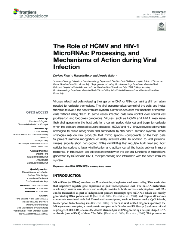 (PDF) The Role of HCMV and HIV-1 MicroRNAs: Processing, and Mechanisms ...