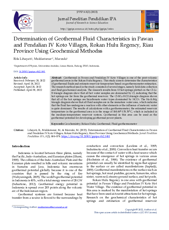(PDF) Determination of Geothermal Fluid Characteristics in Pawan and ...