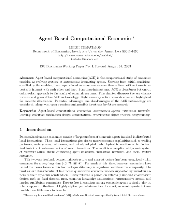 Pdf Agent Based Computational Economics