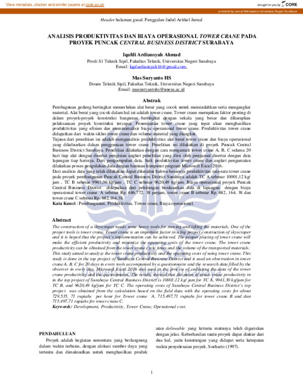 (PDF) Analisis Produktivitas Dan Biaya Operasional Tower Crane Pada ...