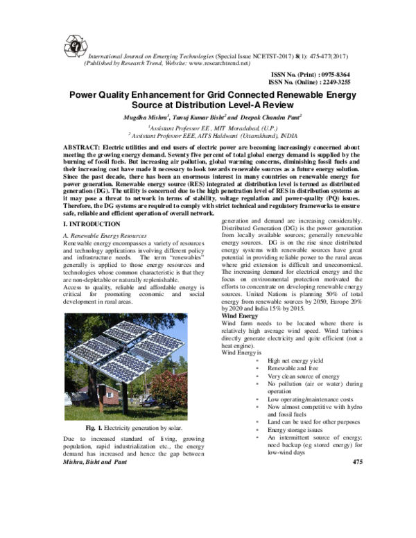 (PDF) Power Quality Enhancement for Grid Connected Renewable Energy Source at Distribution Level ...
