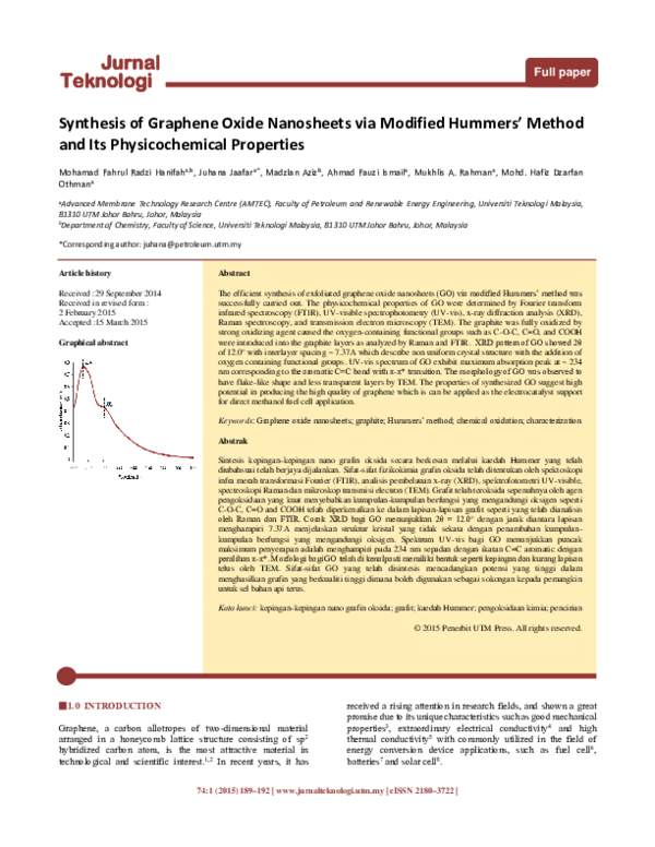 (PDF) Synthesis of Graphene Oxide Nanosheets via Modified Hummers’ Method and Its ...