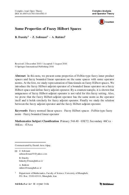 (PDF) Some Properties of Fuzzy Hilbert Spaces | Asghar Rahimi - Academia.edu
