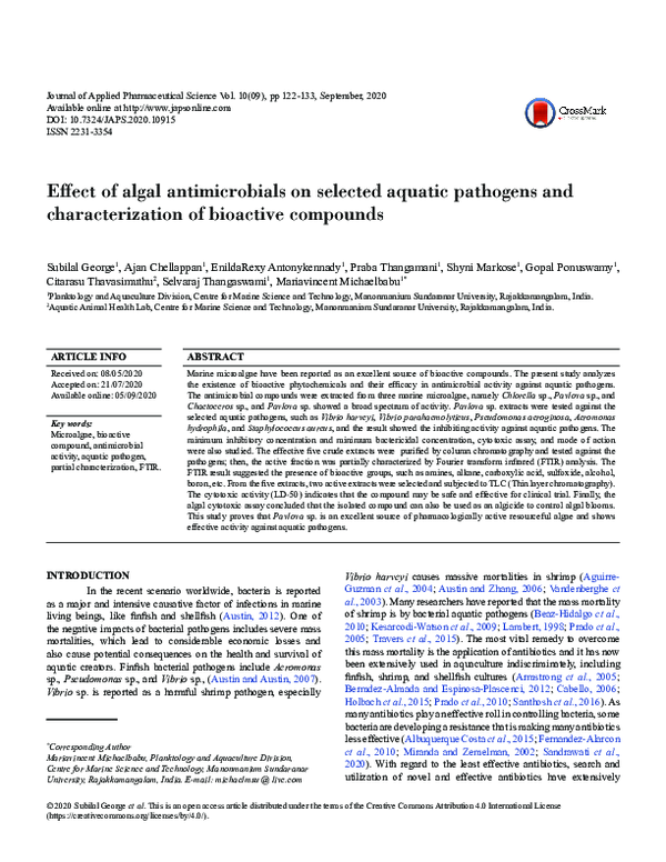 (PDF) Effect of algal antimicrobials on selected aquatic pathogens and ...