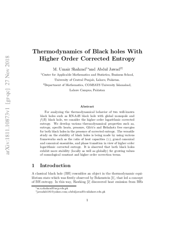 (PDF) Thermodynamics of black holes with higher order corrected entropy