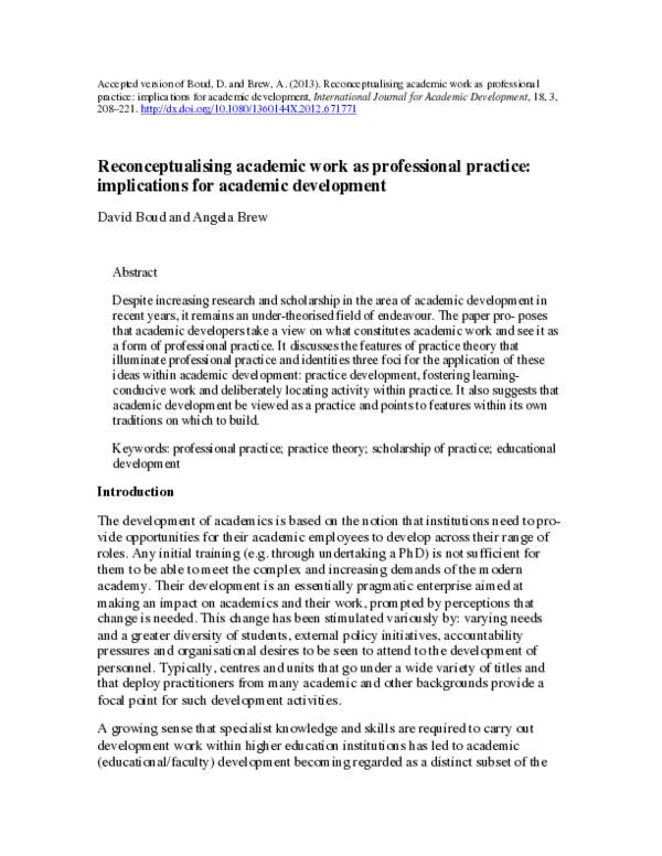 (PDF) Reconceptualising academic work as professional practice ...