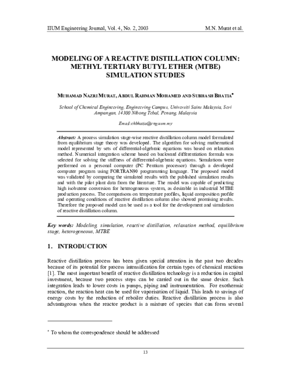 Pdf Modeling Of A Reactive Distillation Column Methyl Tertiary Butyl Ether Mtbe Simulation