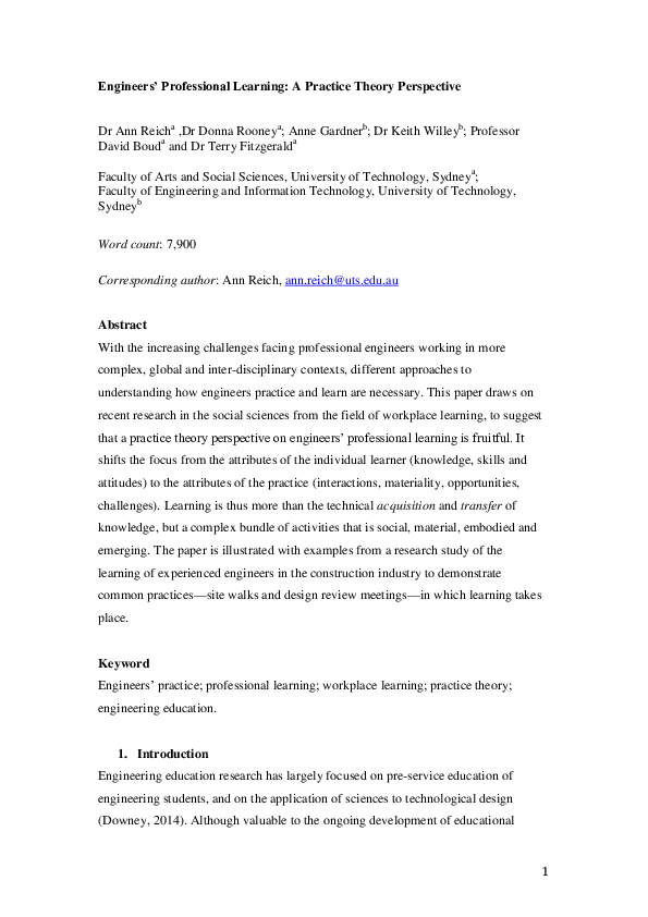 Pdf Engineers Professional Learning A Practice Theory Perspective