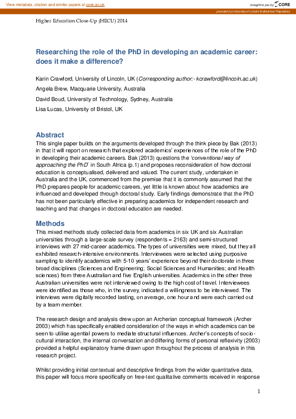 (PDF) Researching the role of the PhD in developing an academic career ...