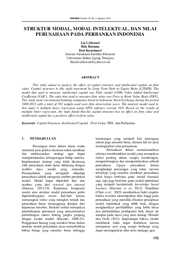 (PDF) Struktur Modal, Modal Intelektual, Dan Nilai Perusahaan Pada Perbankan Indonesia
