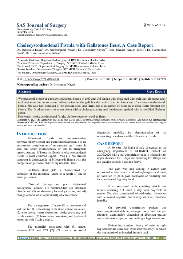 (PDF) Cholecystoduodenal Fistula with Gallstones Ileus, A Case Report