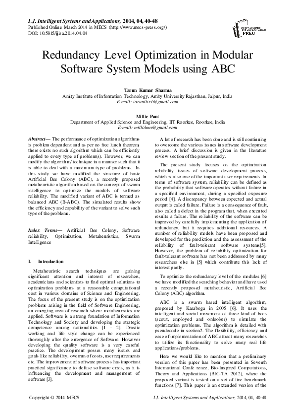 (PDF) Redundancy Level Optimization in Modular Software System Models using ABC