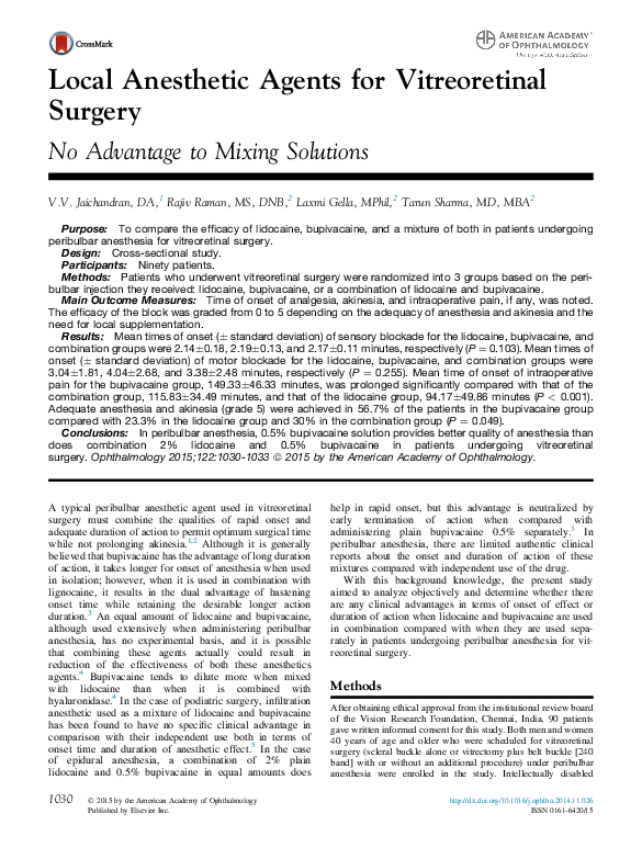 (PDF) Local Anesthetic Agents for Vitreoretinal Surgery