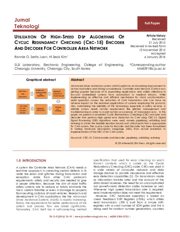 Pdf Utilization Of High Speed Dsp Algorithms Of Cyclic Redundancy Checking Crc 15 Encoder