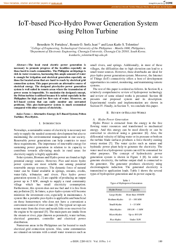 (PDF) IoT-based Pico-Hydro Power Generation System Using Pelton Turbine