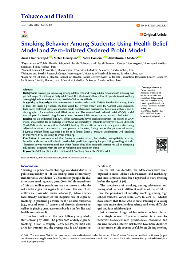 (PDF) Smoking Behavior Among Students: Using Health Belief Model and Zero-Inflated Ordered ...