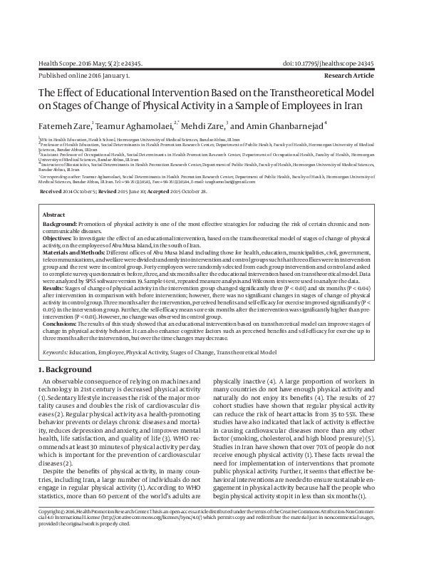 (PDF) The Effect of Educational Intervention Based on the Transtheoretical Model on Stages of ...