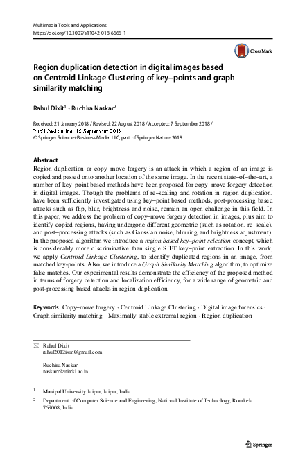 (PDF) Region duplication detection in digital images based on Centroid Linkage Clustering of key ...