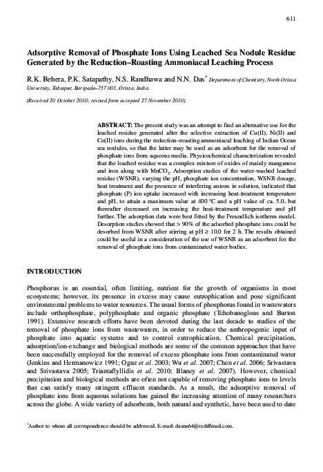 (PDF) Adsorptive Removal of Phosphate Ions Using Leached Sea Nodule ...