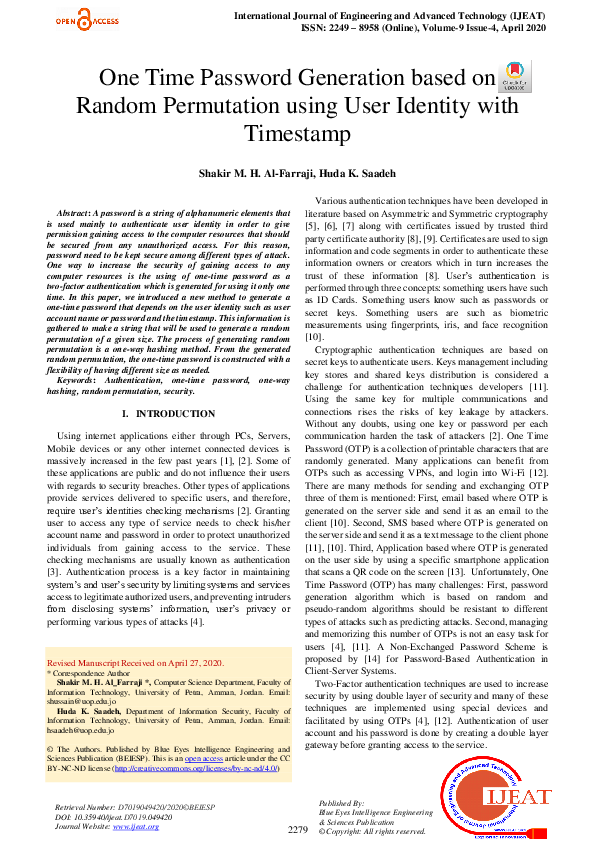 Pdf One Time Password Generation Based On Random Permutation Using 7006