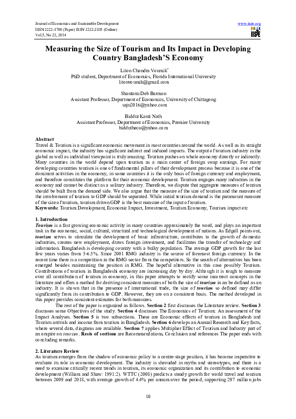(PDF) Measuring the Size of Tourism and Its Impact in Developing Country Bangladesh’S Economy