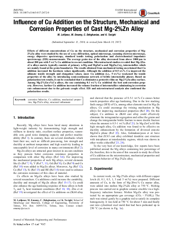 (PDF) Influence of Cu Addition on the Structure, Mechanical and Corrosion Properties of Cast Mg ...