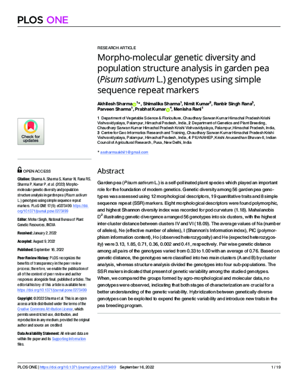 (PDF) Morpho-molecular genetic diversity and population structure analysis in garden pea (Pisum ...