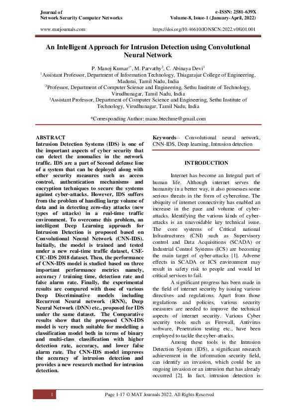 Pdf An Intelligent Approach For Intrusion Detection Using Convolutional Neural Network