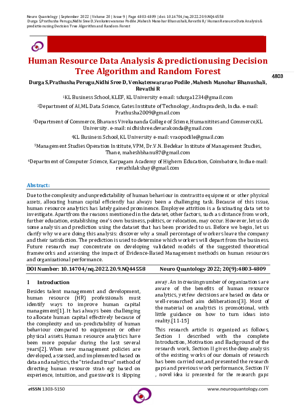 Pdf Human Resource Data Analysis And Prediction Using Decision Tree Algorithm And Random Forest 
