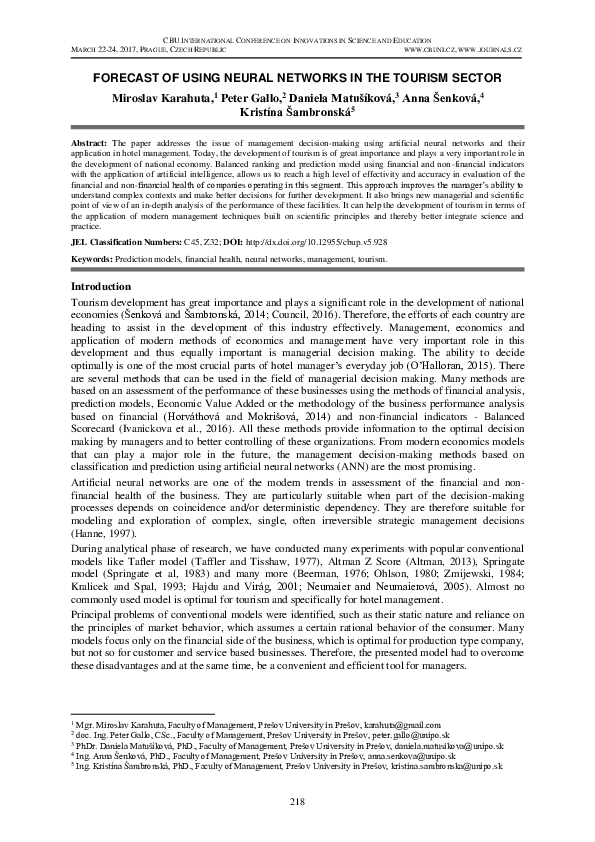(PDF) Forecast of Using Neural Networks in the Tourism Sector