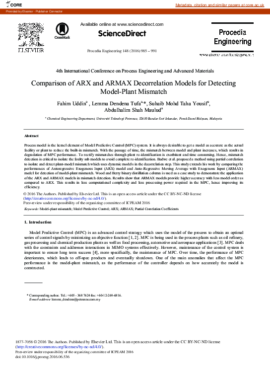 (PDF) Comparison of ARX and ARMAX Decorrelation Models for Detecting Model-Plant Mismatch