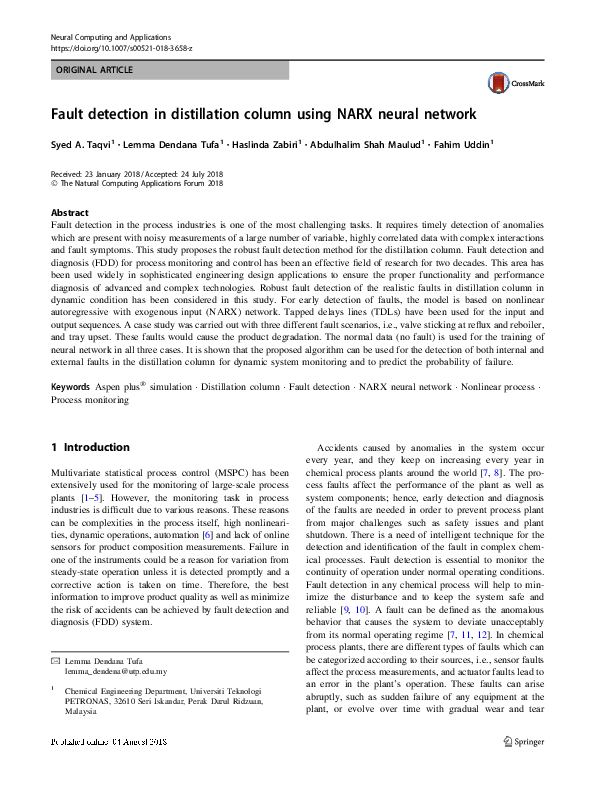 Pdf Fault Detection In Distillation Column Using Narx Neural Network