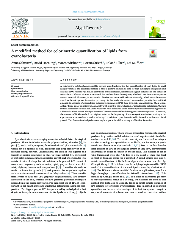 Pdf A Modified Method For Colorimetric Quantification Of Lipids From Cyanobacteria Dorina